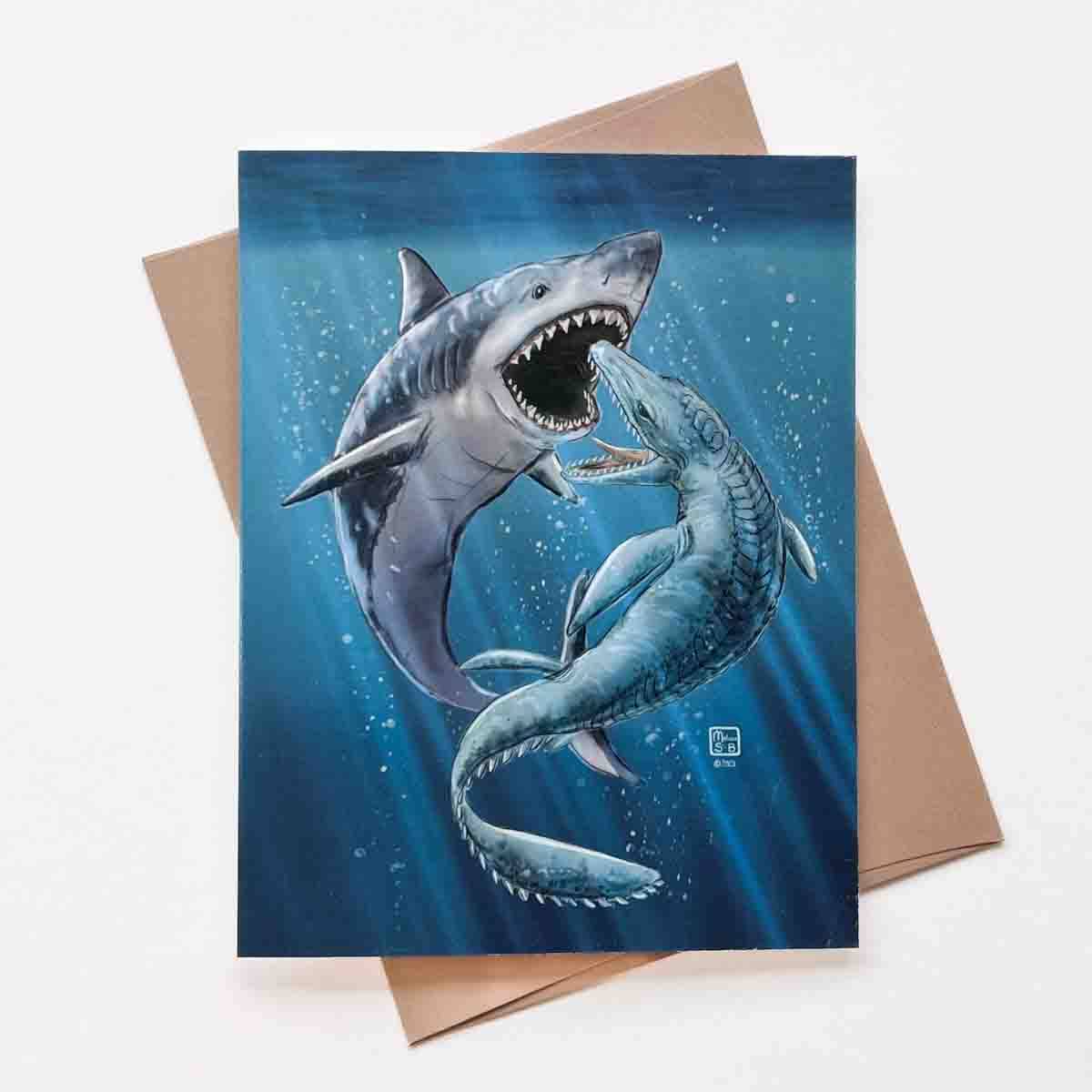 Megalodon vs Mosasaurus Note Card – ROM Boutique